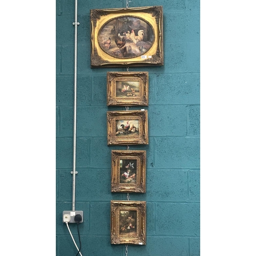 5 Vintage ornately framed farmyard prints depicting chickens and roosters