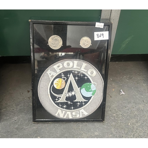 Framed and glazed Apollo NASA patch with collectible coins
