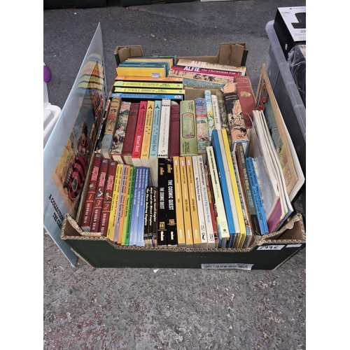 Box containing assorted children's books, Marvel books, Beano posters etc