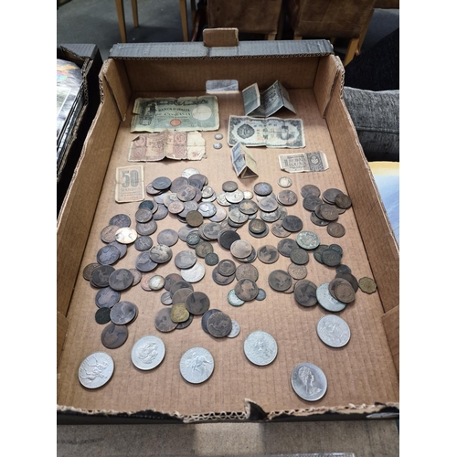 Box containing assorted collectible coins and foreign bank notes