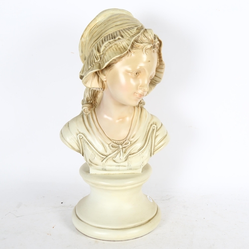 A composition bust of a young girl on plinth, height 45cm