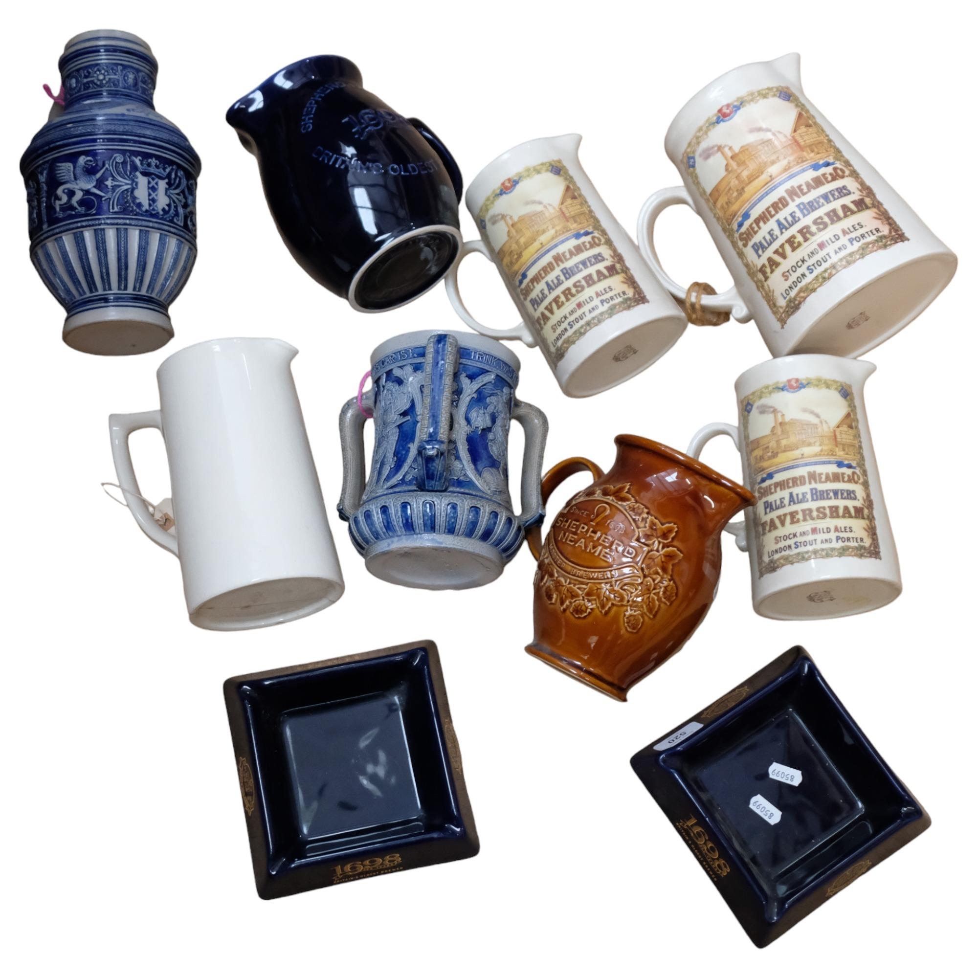 Shepherd Neame bar jugs, tallest 22.5cm, Rhine Ware tyg, ashtrays etc
