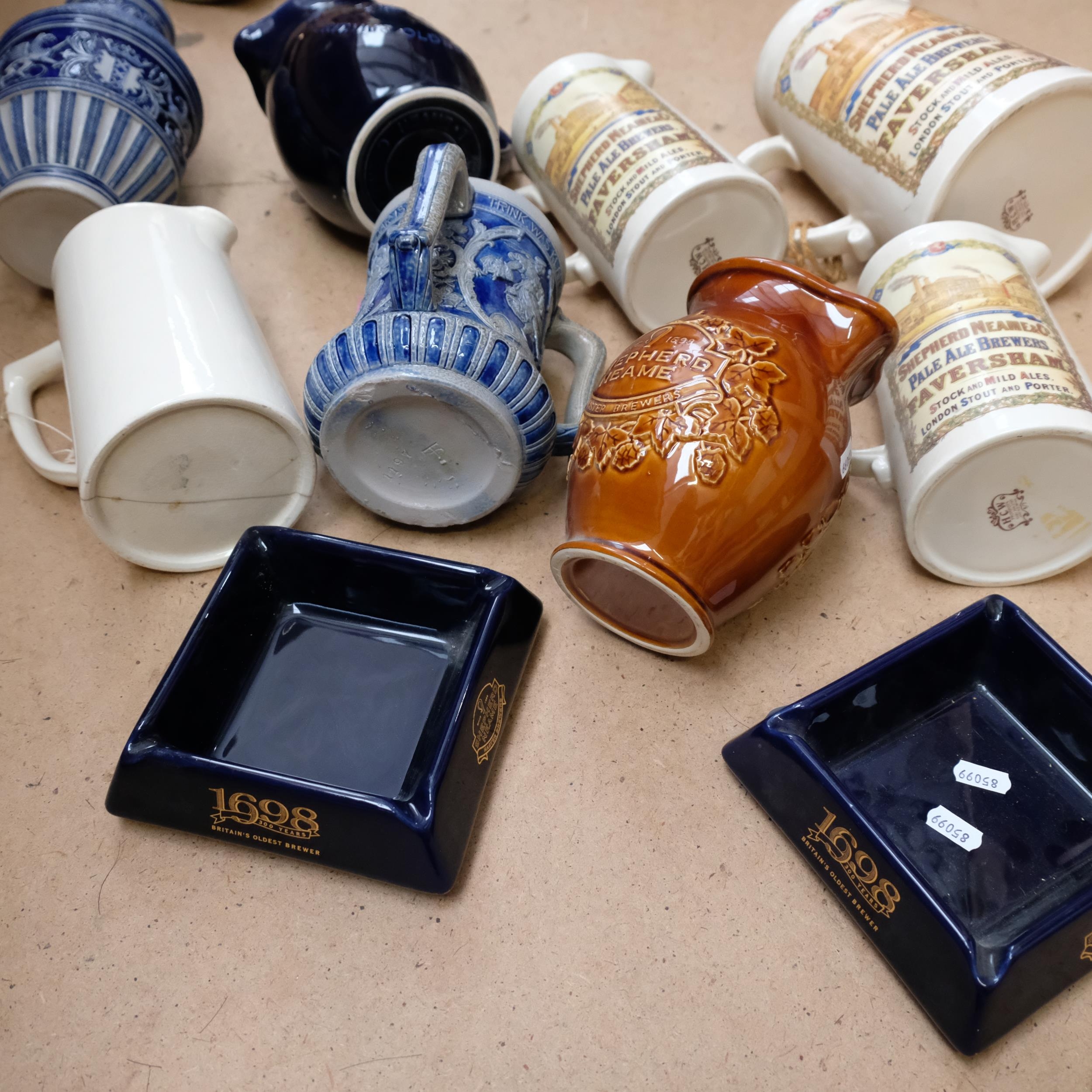 Shepherd Neame bar jugs, tallest 22.5cm, Rhine Ware tyg, ashtrays etc