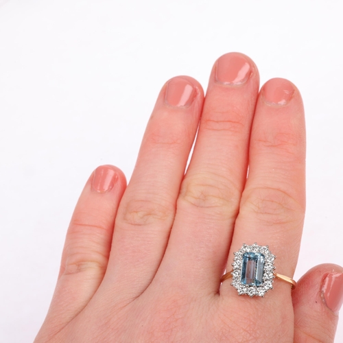 An 18ct gold aquamarine and diamond rectangular cluster ring, claw-set ...
