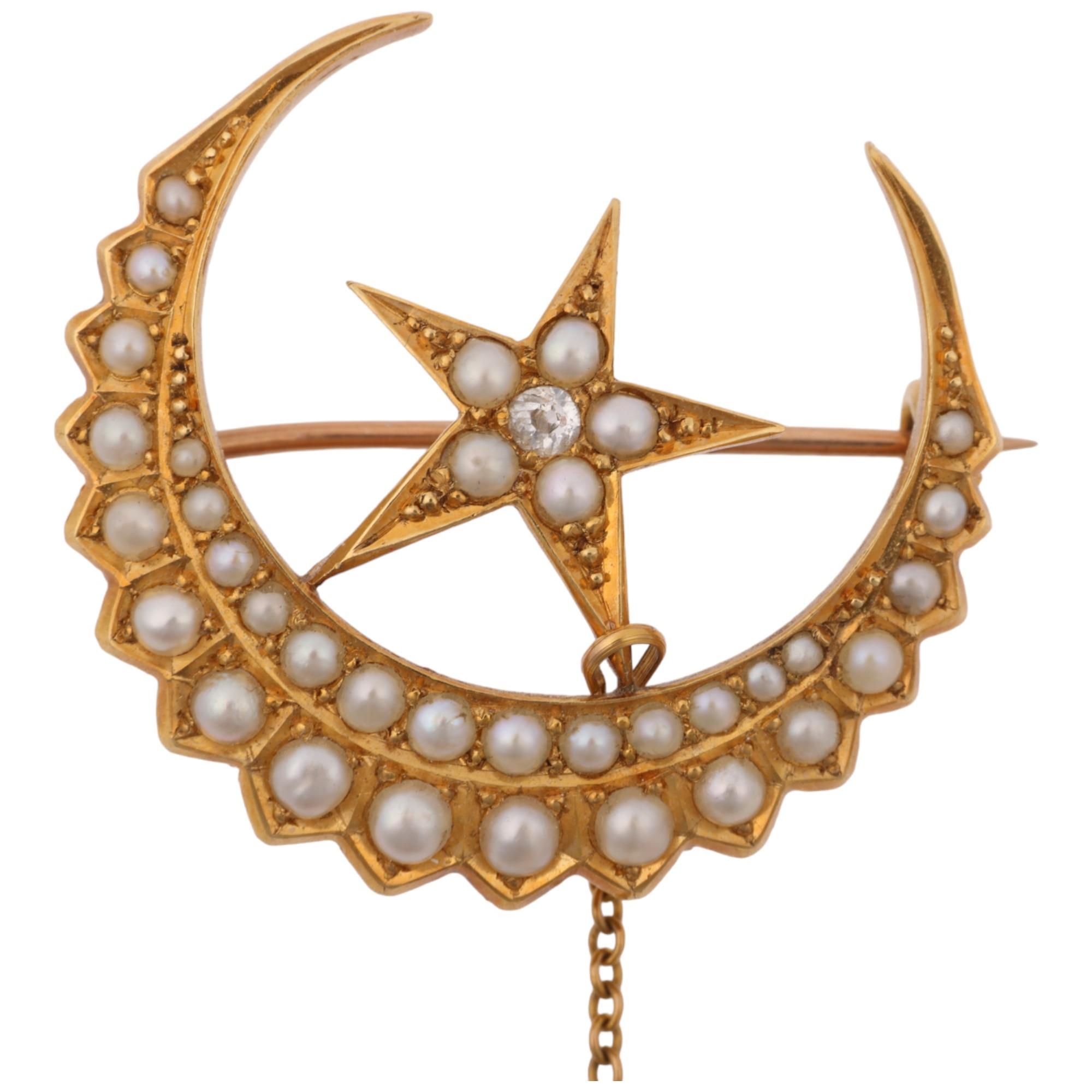 A Victorian 18ct gold split pearl and diamond crescent moon and star ...