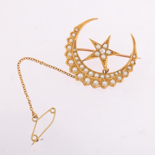 A Victorian 18ct gold split pearl and diamond crescent moon and star ...