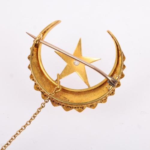 A Victorian 18ct gold split pearl and diamond crescent moon and star ...