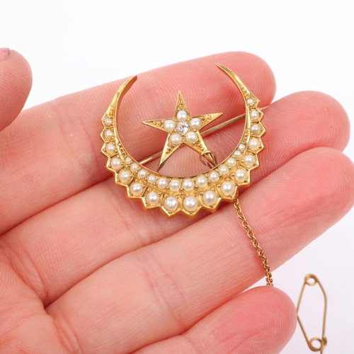 A Victorian 18ct gold split pearl and diamond crescent moon and star ...