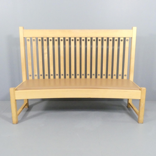 An Arts and Crafts style high backed bench in maple with leather seat ...