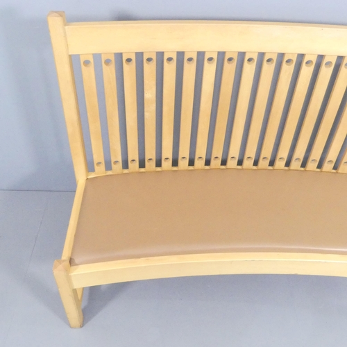 An Arts and Crafts style high backed bench in maple with leather seat ...