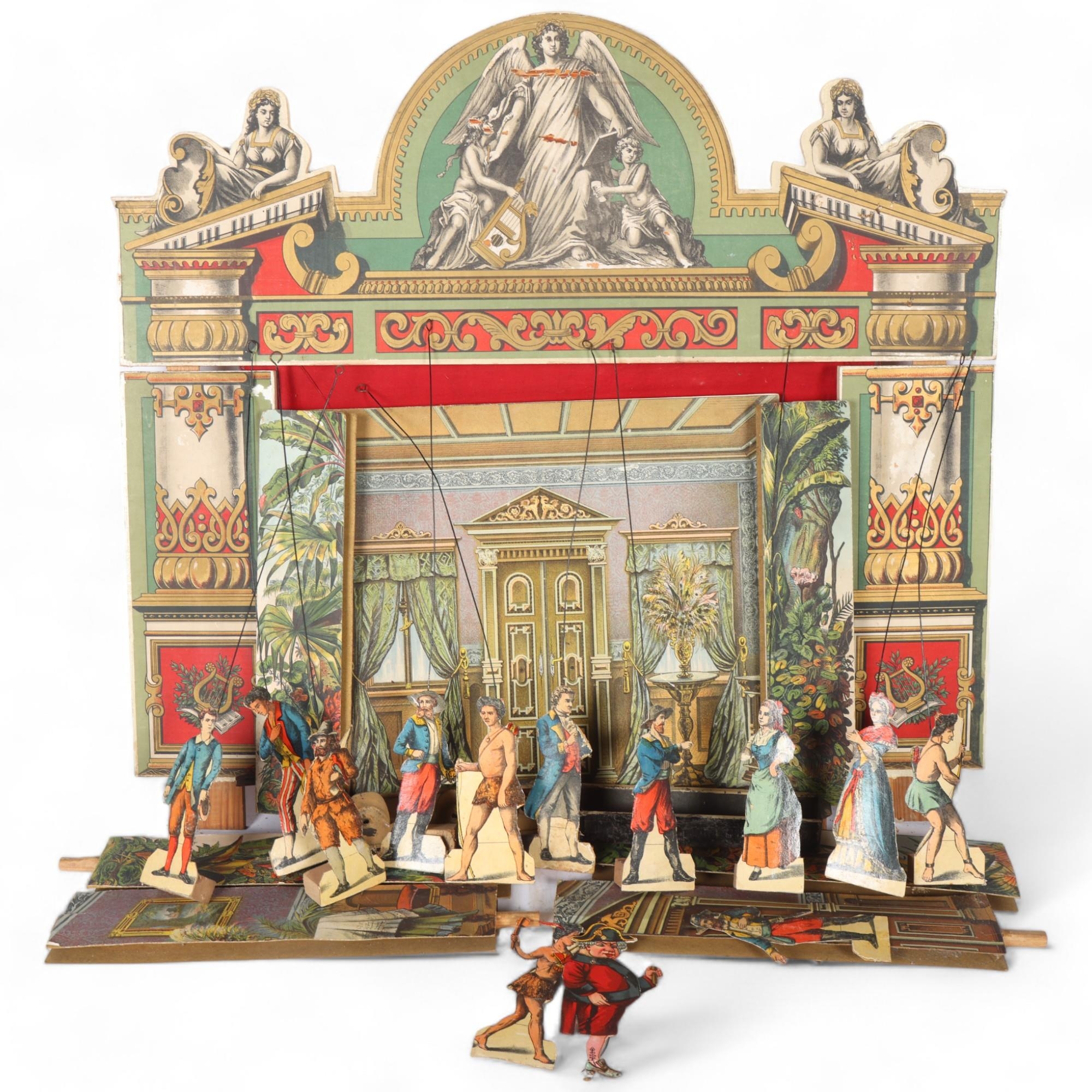 A wooden Victorian theatre scene, includes background scenery and ...