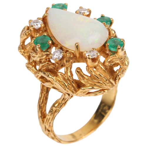 A 1970s 14ct gold opal emerald and diamond naturalistic nest ring, set ...