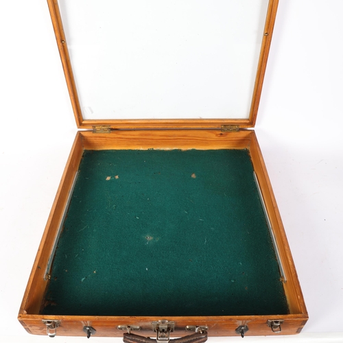 A pine table-top glazed jewellery display case, with locks, 50cm x 55cm