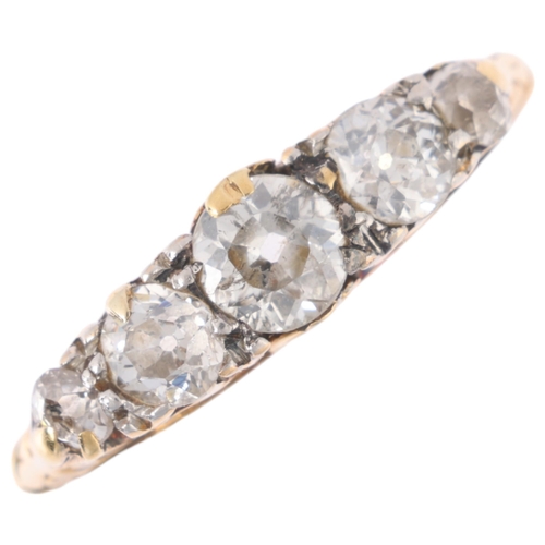 An 18ct gold graduated five stone diamond half hoop ring, set with old ...