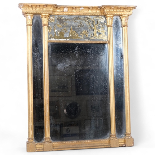 A giltwood framed triple glass Georgian mirror, with decorative church ...