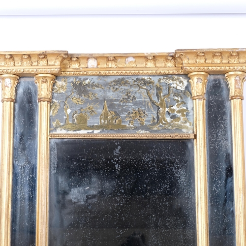 A giltwood framed triple glass Georgian mirror, with decorative church ...