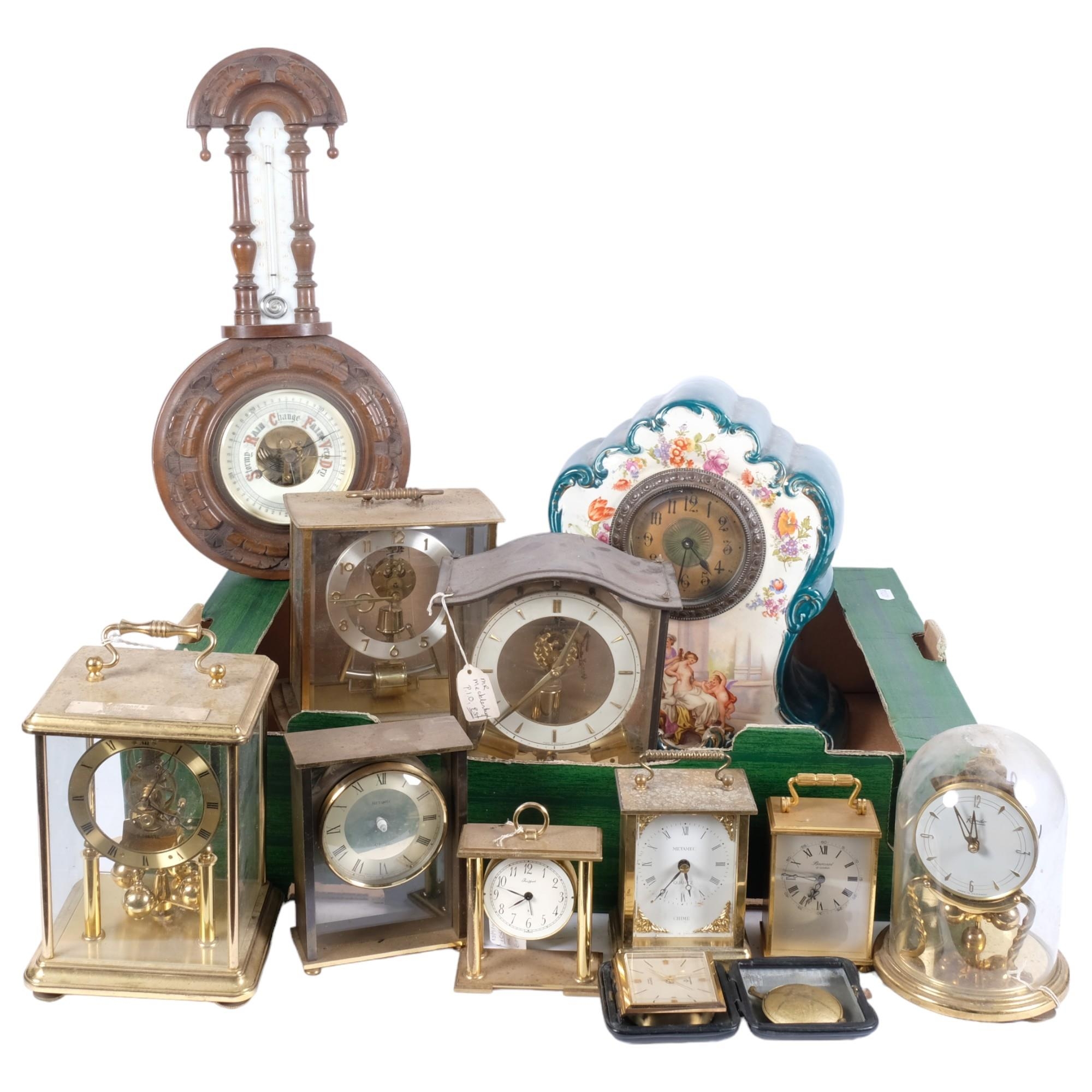 A Black Forest design barometer, a brass 100-day clock, a porcelain ...
