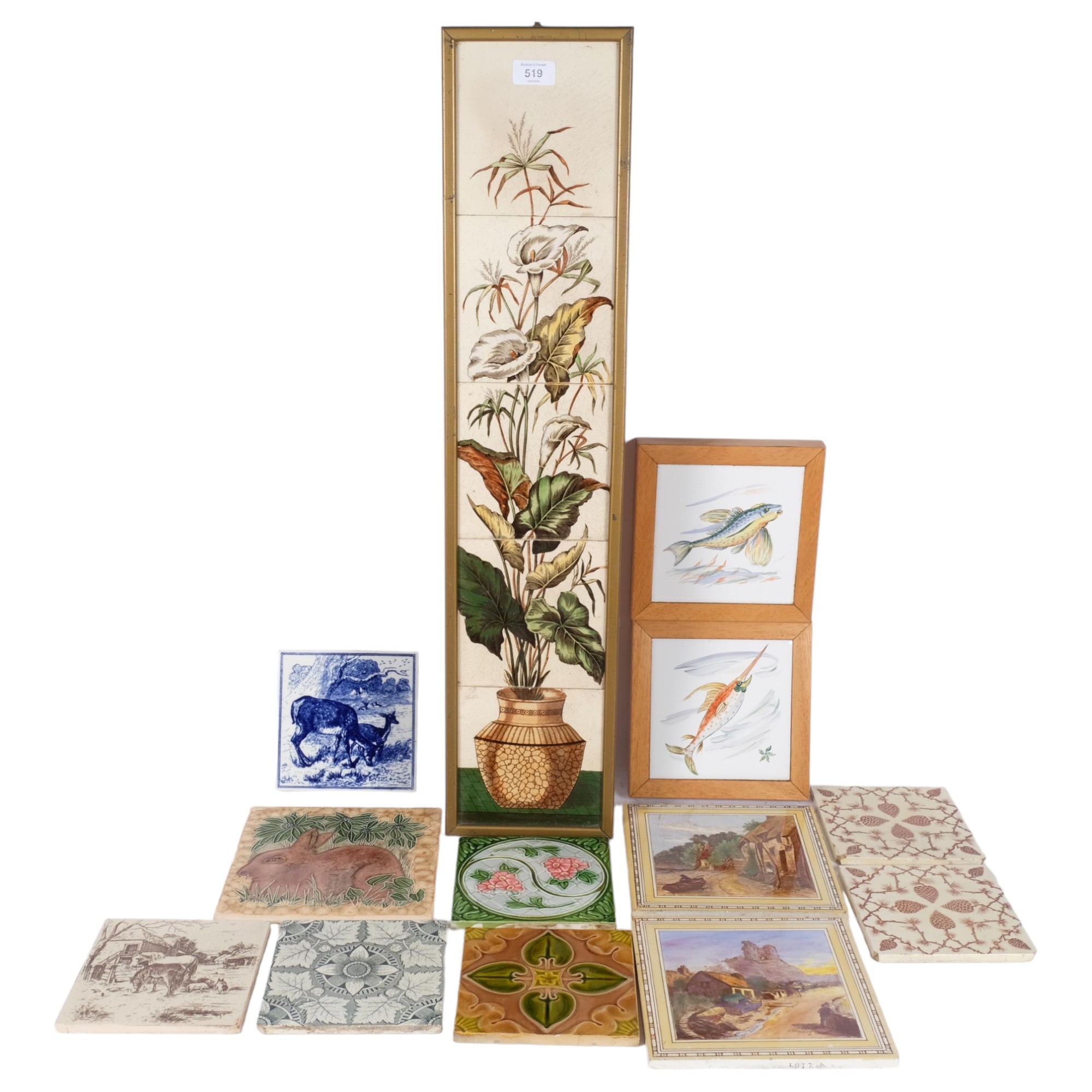 Framed panel of 5 Antique tiles, 2 framed tiles of fish, pair of 9 ...