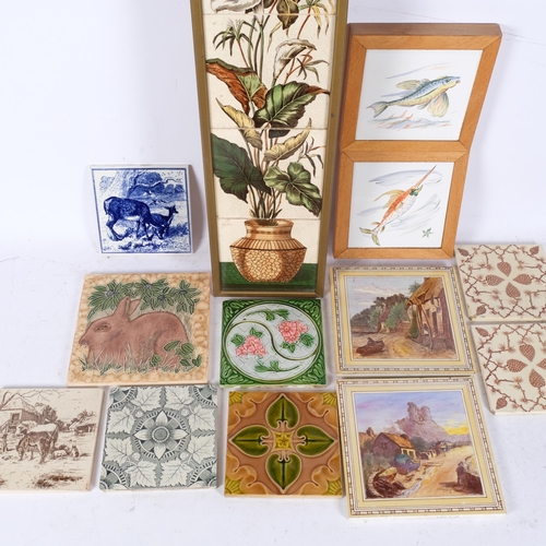 Framed panel of 5 Antique tiles, 2 framed tiles of fish, pair of 9 ...