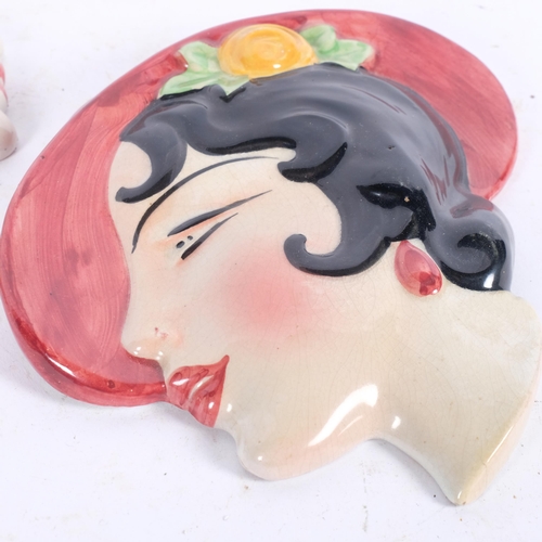 2 Vintage Art Deco style ceramic wall masks, tallest 16.5cm