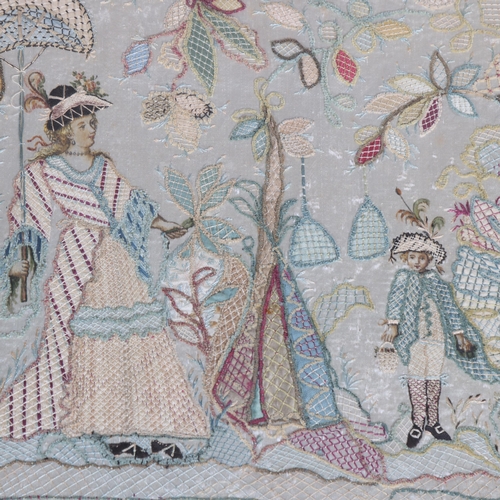 A set of 4 Georgian stumpwork embroidered pictures, depicting figures ...