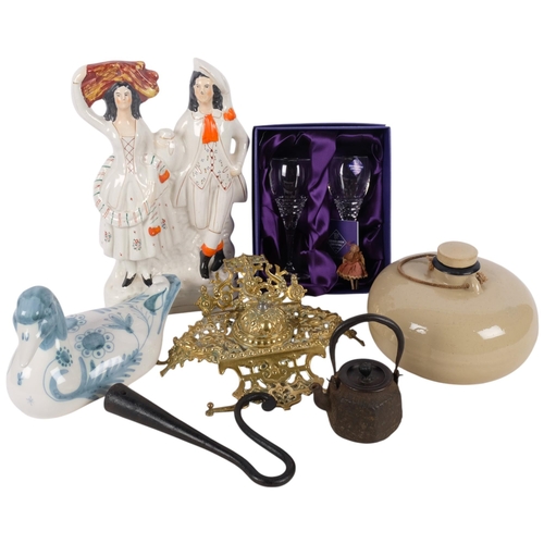 A David Sharp duck, L25cm, an ornate cast and pierced brass desk stand ...