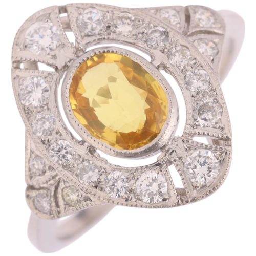 An Art Deco style platinum synthetic yellow sapphire and diamond plaque ...