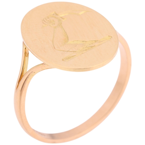 An Antique 18ct gold crest signet ring, the oval panel with engraved ...