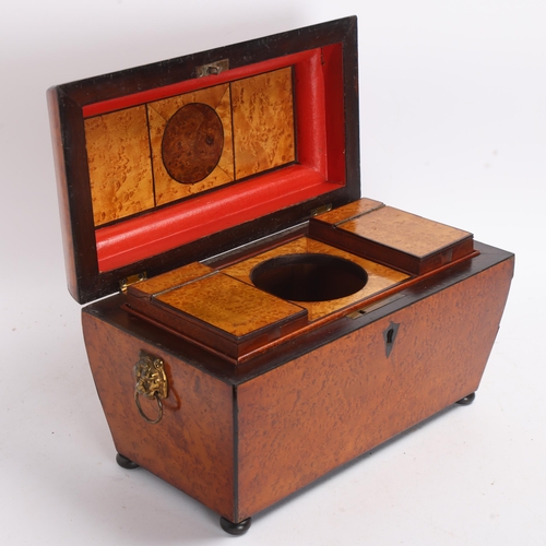 A 19th century amboyna sarcophagus-shaped tea caddy, with lion ring ...