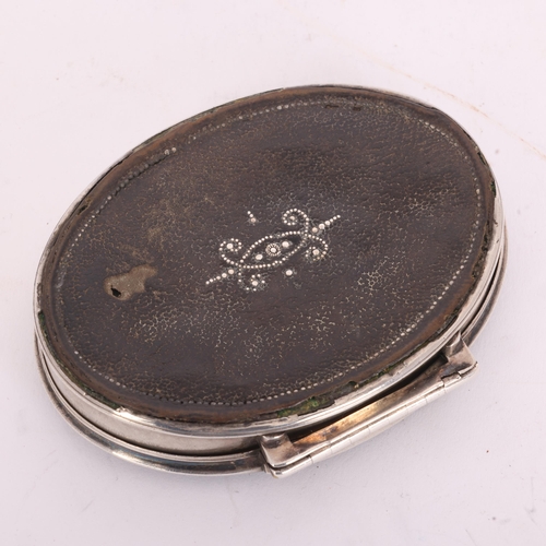 A Queen Anne silver and leather snuff box, circa 1700, oval form, with ...