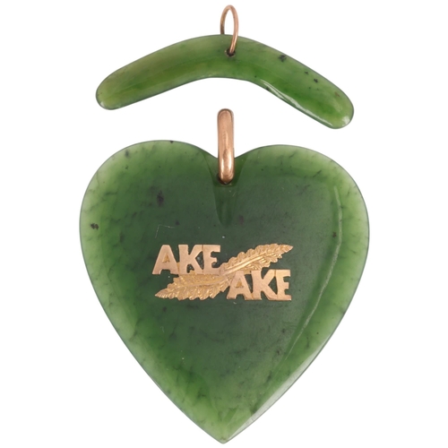 A large New Zealand Pounamu greenstone heart pendant, with 9ct gold ...