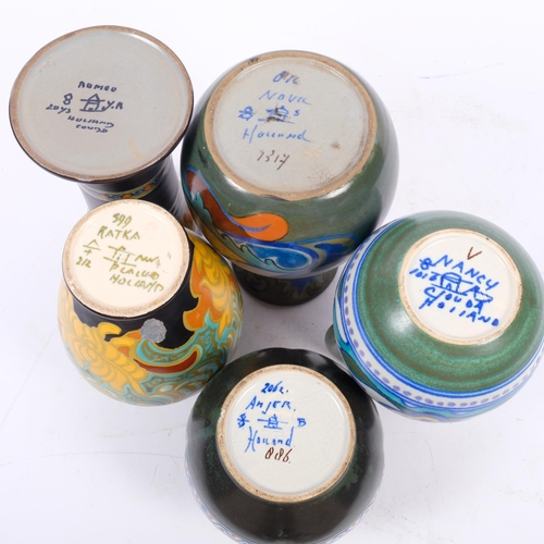 A group of 4 Gouda vases in various hand painted designs, and a Nancy ...