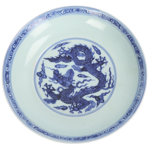 A Chinese blue and white porcelain dragon dish, with 6 character mark ...