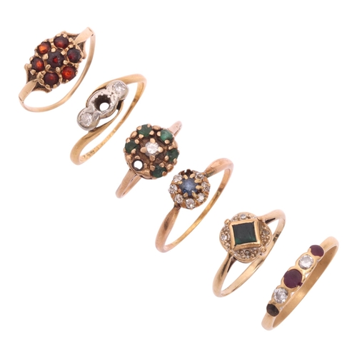6 gold stone set rings, comprising 3 x 18ct, 5.9g gross, and 3 x 9ct, 3 ...