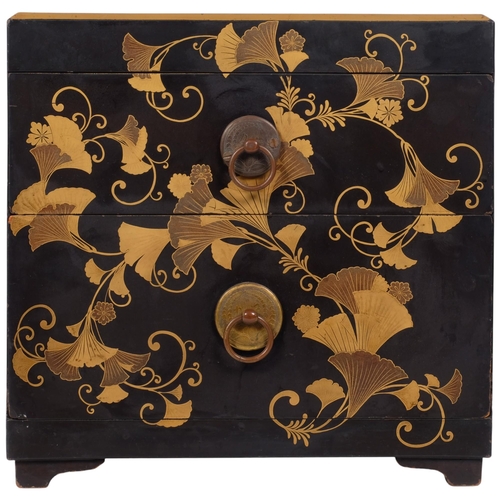 A Japanese gilded and lacquered table-top chest of 2 drawers, W28cm, H27cm