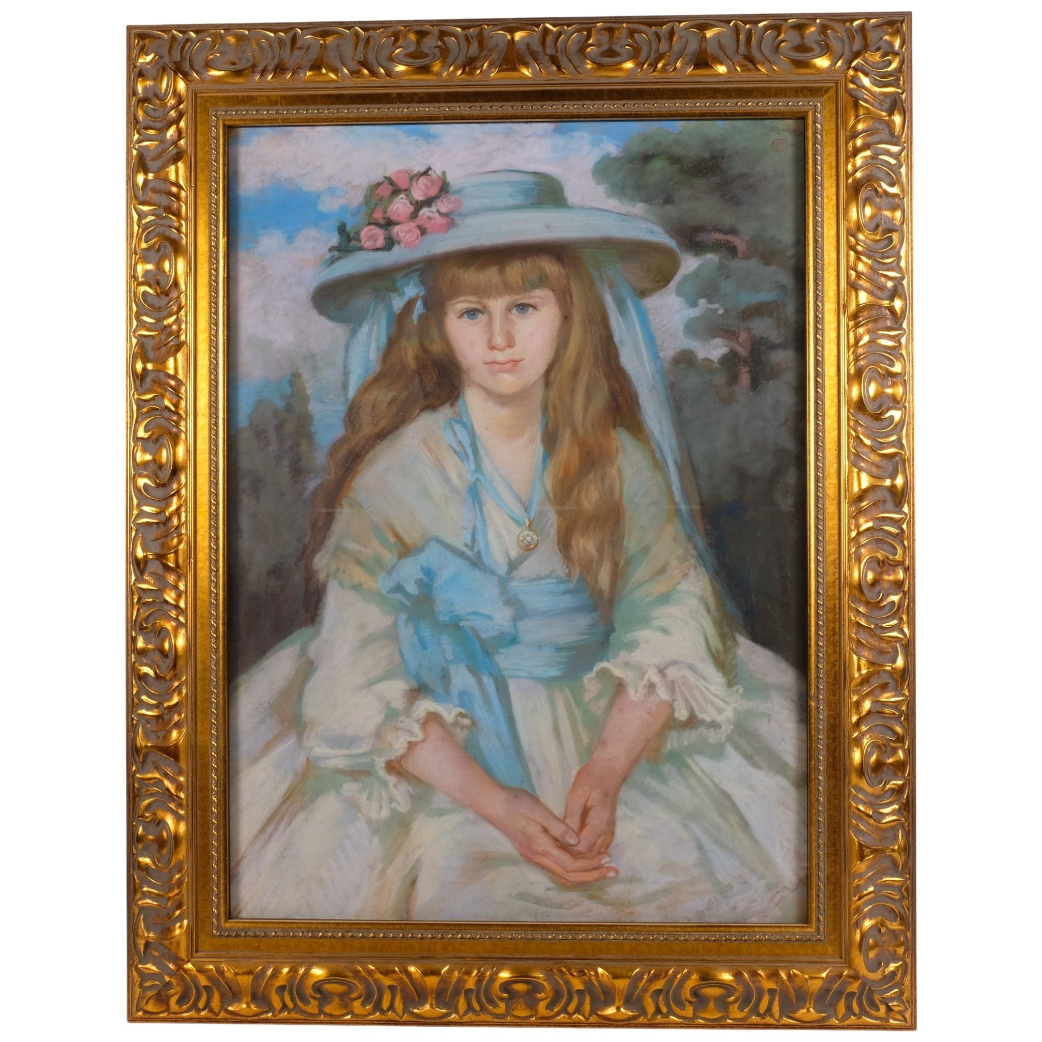 Pastels, portrait study of a young girl in a bonnet, 95cm x 73cm ...