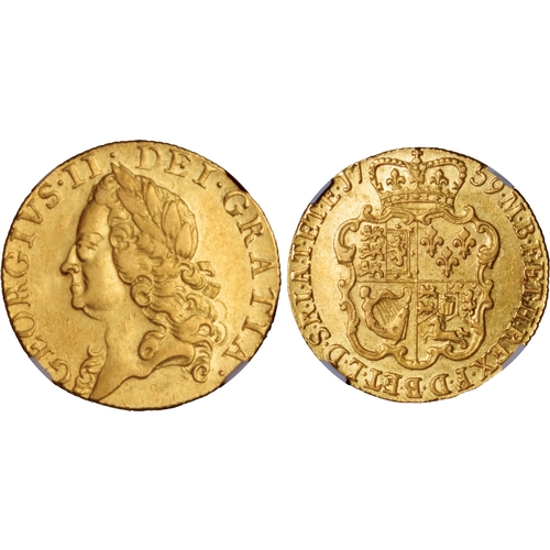 George II, guinea, 1759, old laur. head l., rev. crowned shield of arms ...