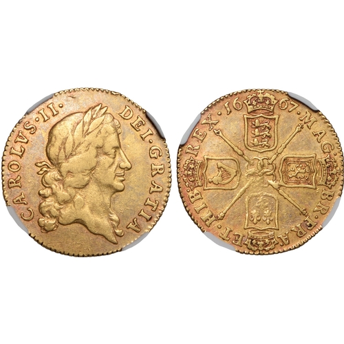 Charles II, guinea, 1667, third laur. bust r., rev. crowned cruciform ...