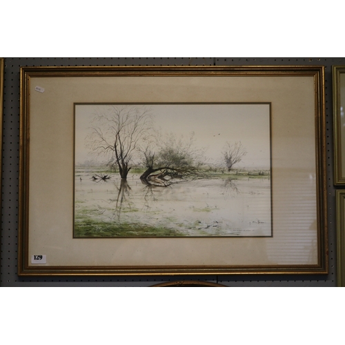 129 - Floods near Earith with willows 1969 scene signed to bottom right