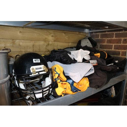 672 - Adams American football helmet and assorted clothing