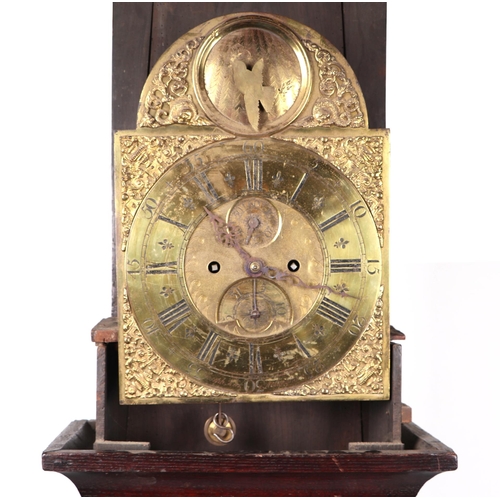 A longcase clock with 30cm square arched brass dial, the chapter ring ...