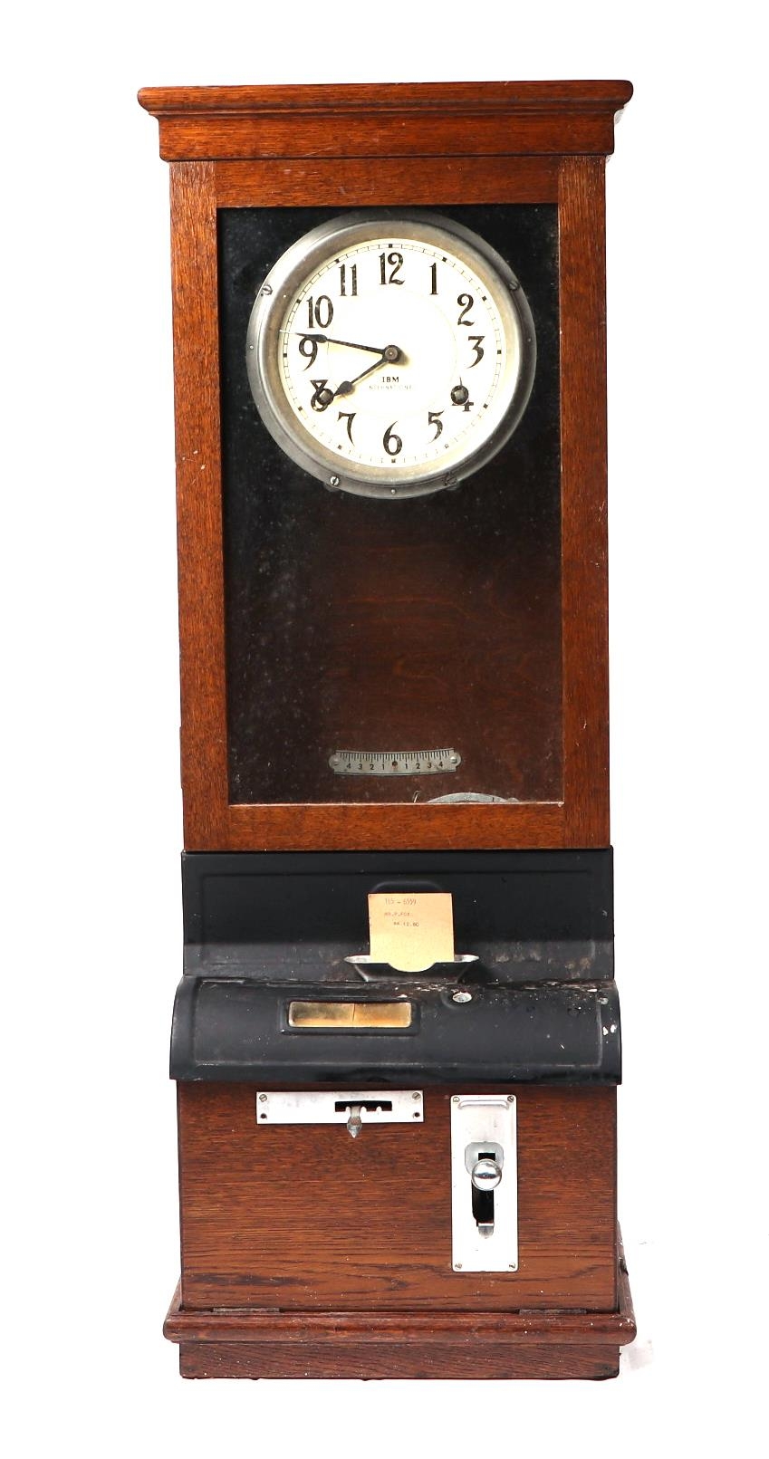 An IBM Clocking In clock, the cream dial with Arabic numerals, in an ...