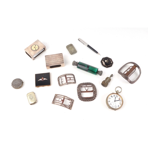 Two silver match box covers, 97g; together with a brass and enamel RAF ...