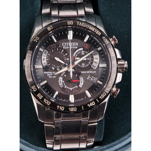 A gentleman's boxed Citizen Eco-Drive chronograph WR200 wristwatch, boxed.