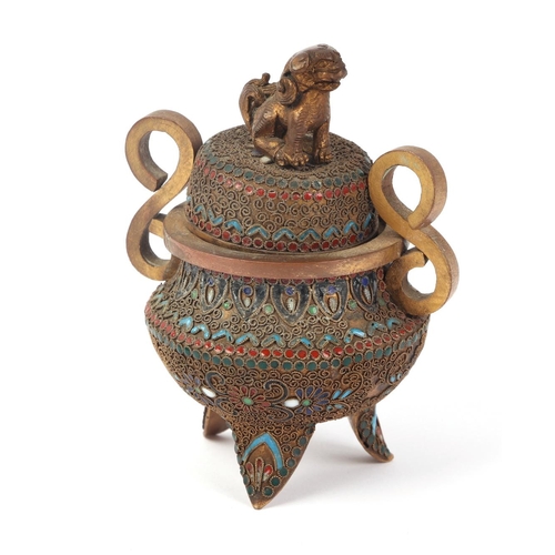 A Chinese gilt metal and enamel lidded koro or censer with filigree ...