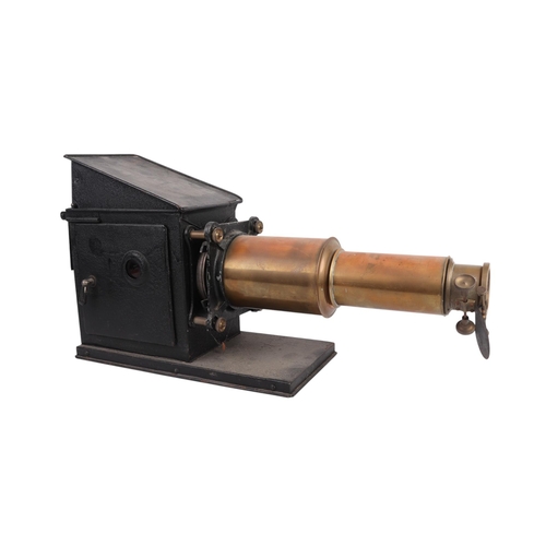 A Victorian Magic Lantern with brass twin-draw lens and black lacquered ...
