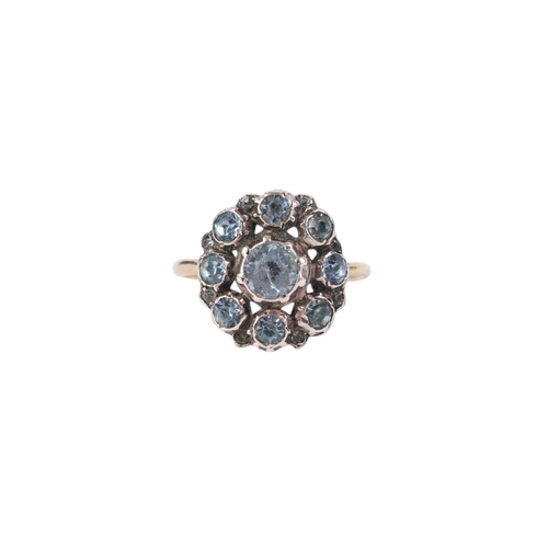 A 9ct gold and pale blue stone cluster ring, approx UK size L, 3.8g.