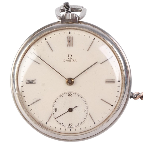 An Omega slim cased open faced pocket watch with baton indices and ...