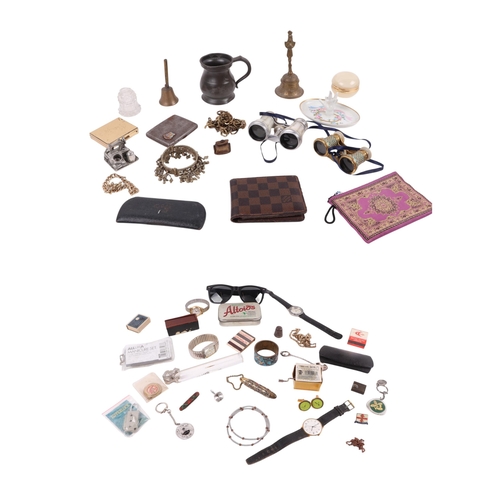 Two pair of opera glasses; a pewter tankard; a brass bell and other items.