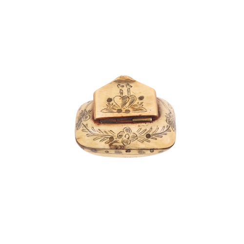 A small bone scrimshaw snuff box decorated with flowers and a motto, 4 ...
